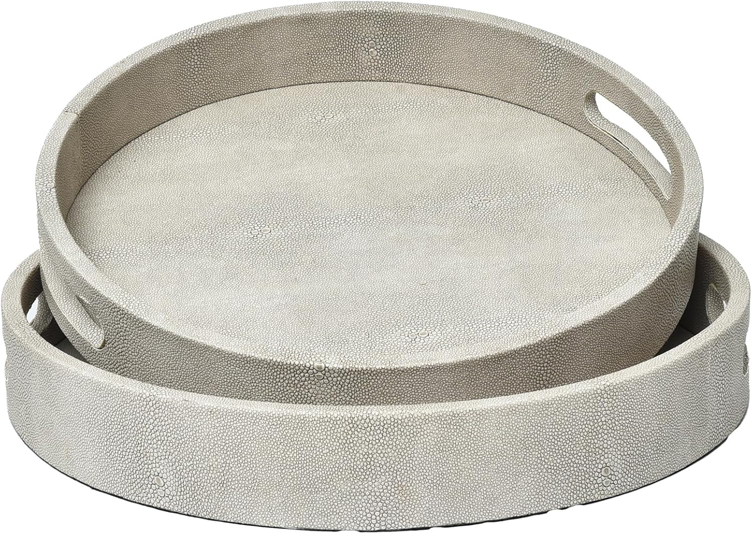 Latitude Run® Set Of 2 Round Shagreen Serving Tray Set, Ivory Wood With ...