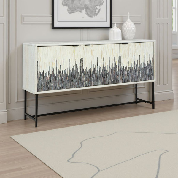 Benjara Sideboard Cabinet Console, Strip Pattern Wood, Black White 64 ...