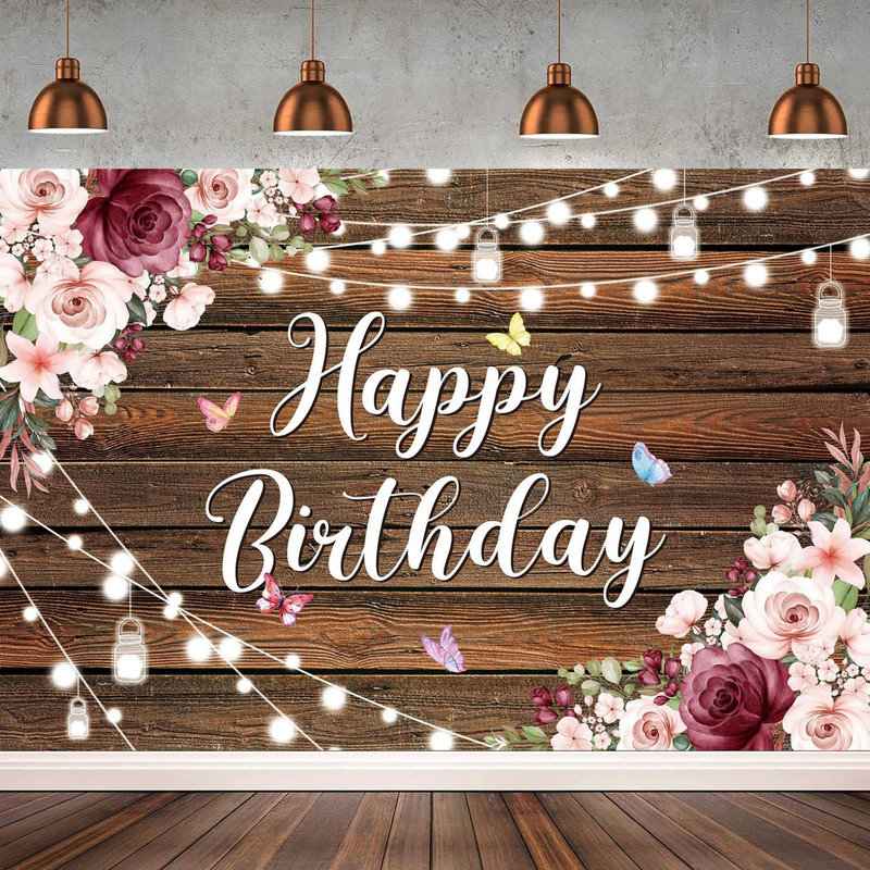 The Party Aisle™ Flower Happy Birthday Backdrops Cloth,Rustic Wooden ...