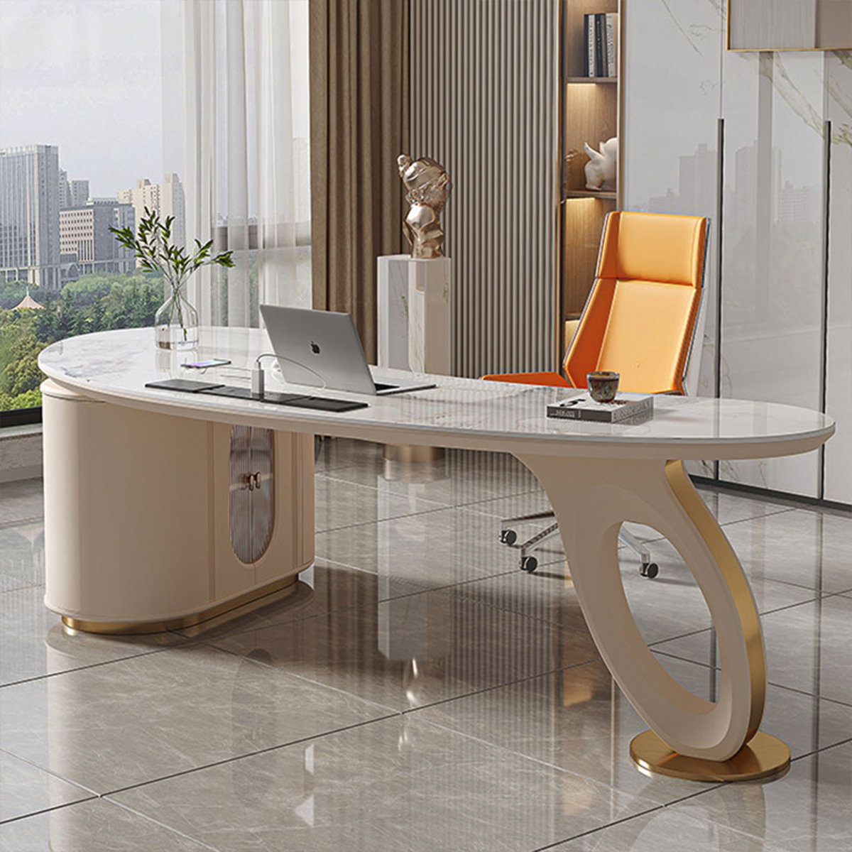 BELSUB Modern Creative Design Curved Sintered Stone Desk with Storage ...