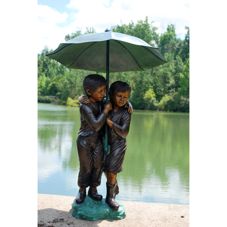 Metropolitan Galleries Bronze Children holding Umbrella Sculpture | Wayfair