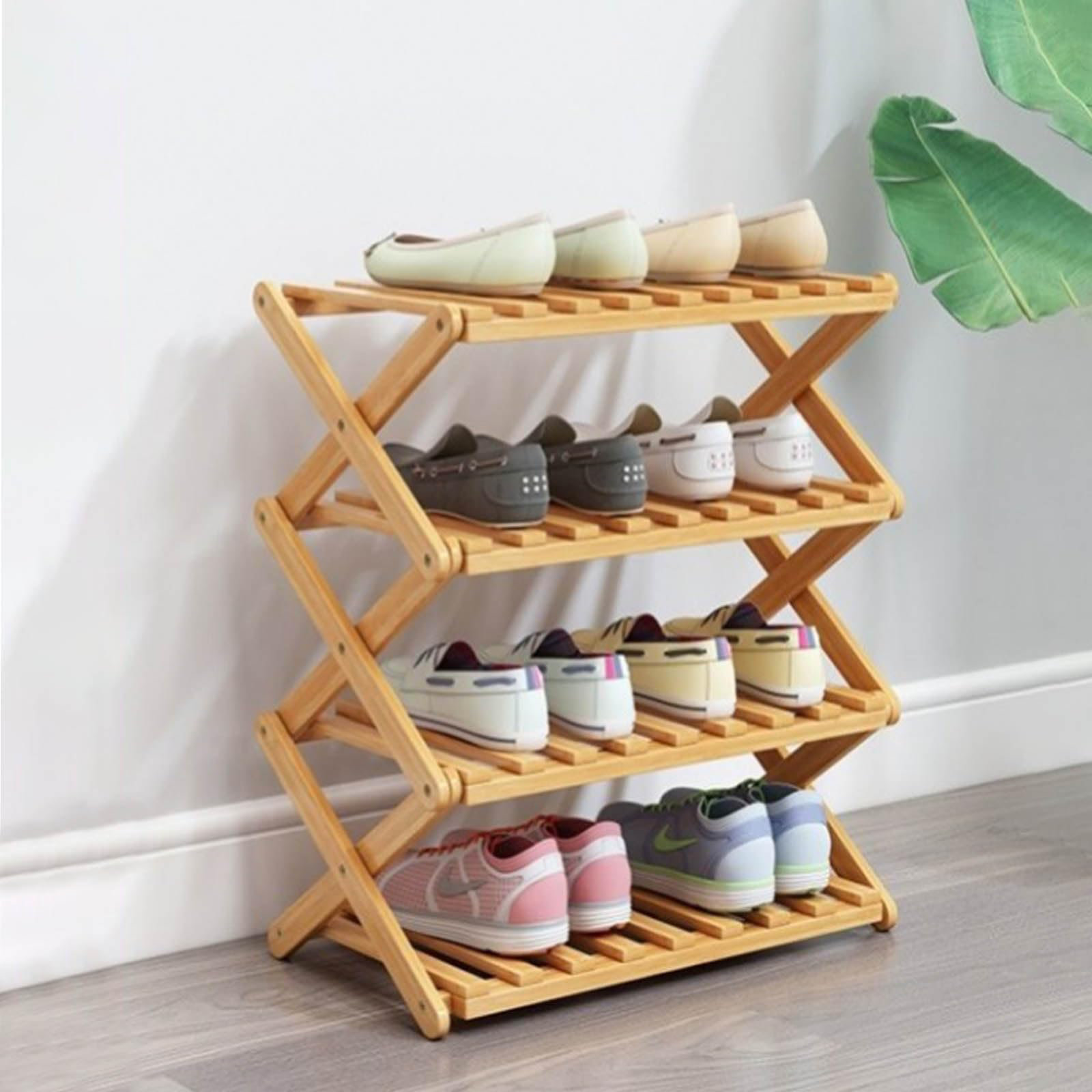 Rebrilliant 4 Tier Bamboo Shoe Rack,Portable Folding Shoe Storage Rack ...