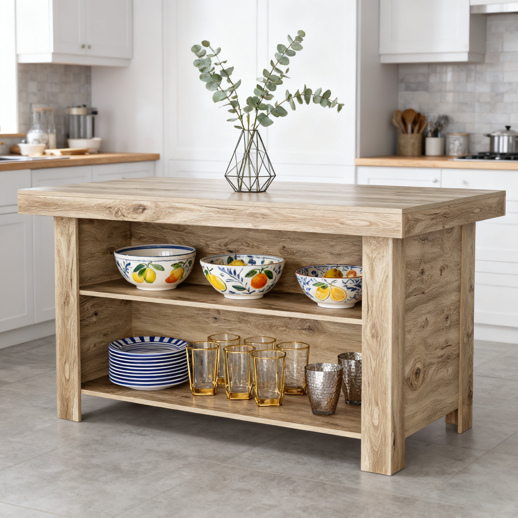 Ophelia & Co. Farmhouse Kitchen Island With Storage Shelves, 55 Inch ...