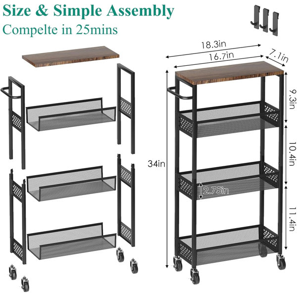 INKEDZ Slim Storage Cart 4 Tier Narrow Kitchen Rolling Cart on Wheels ...