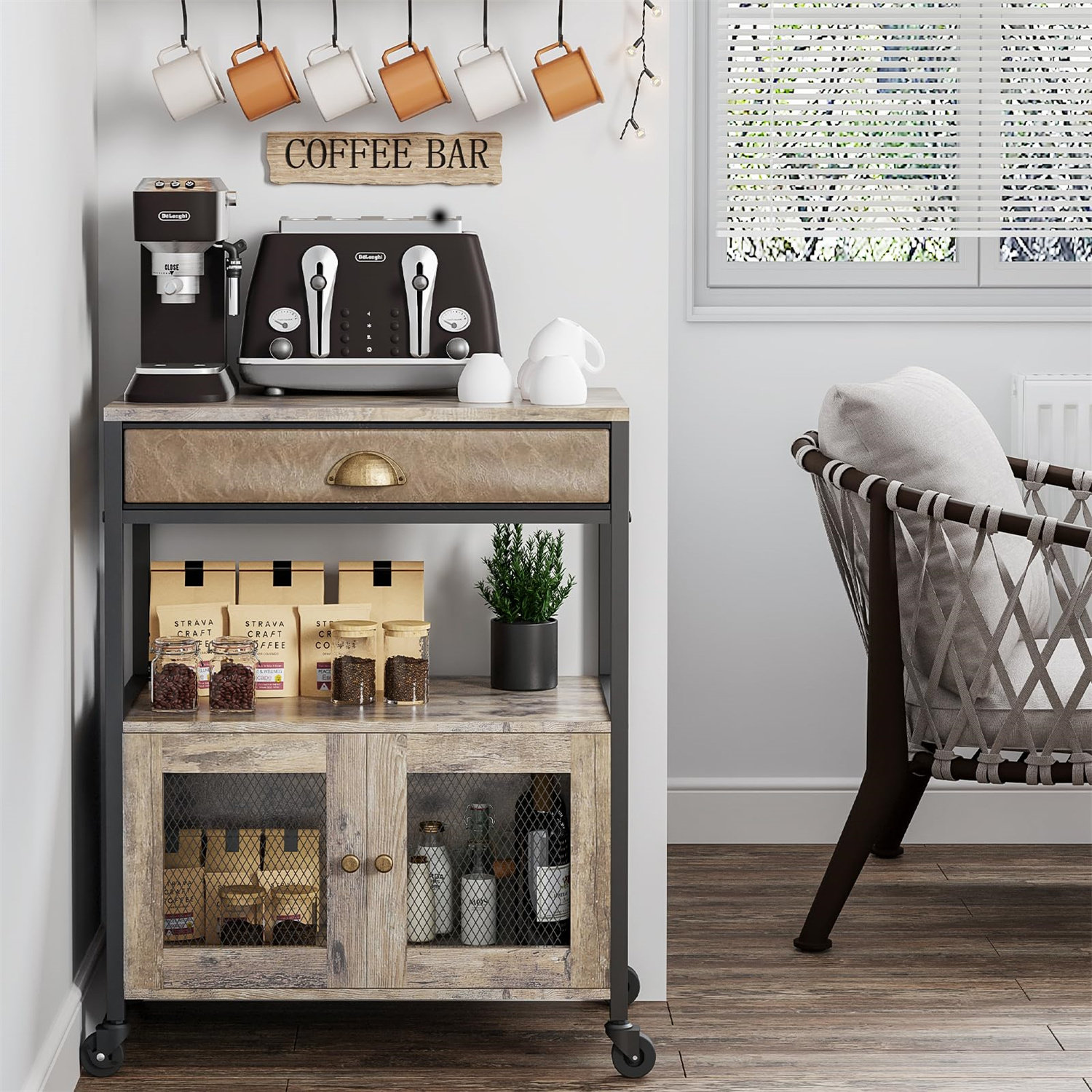 17 Stories Coffee Bar Cabinet, 3 Tier Kitchen Coffee Cart With Drawers ...