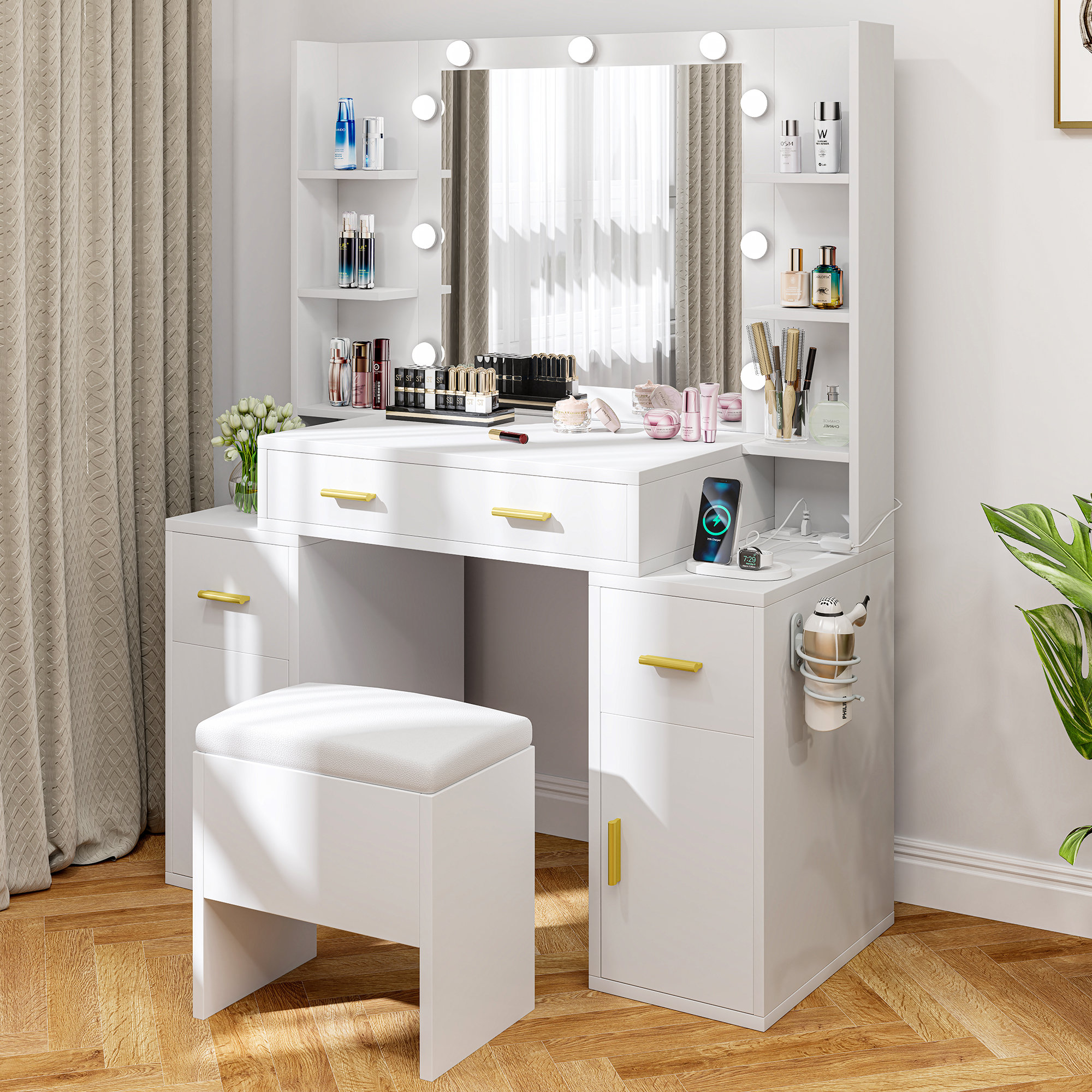 Ebern Designs Vanity With Built-In Outlets And Lighted Mirror & Reviews ...