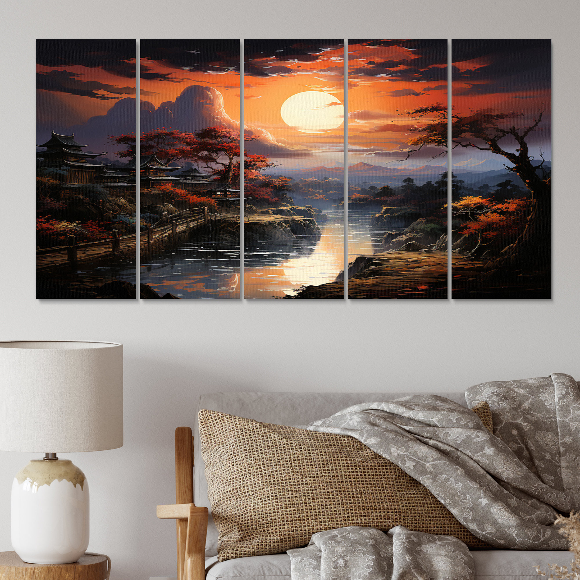 Design Art Asian Art Silk Dawn - Asian Art Wall Decor - 5 Equal Panels ...