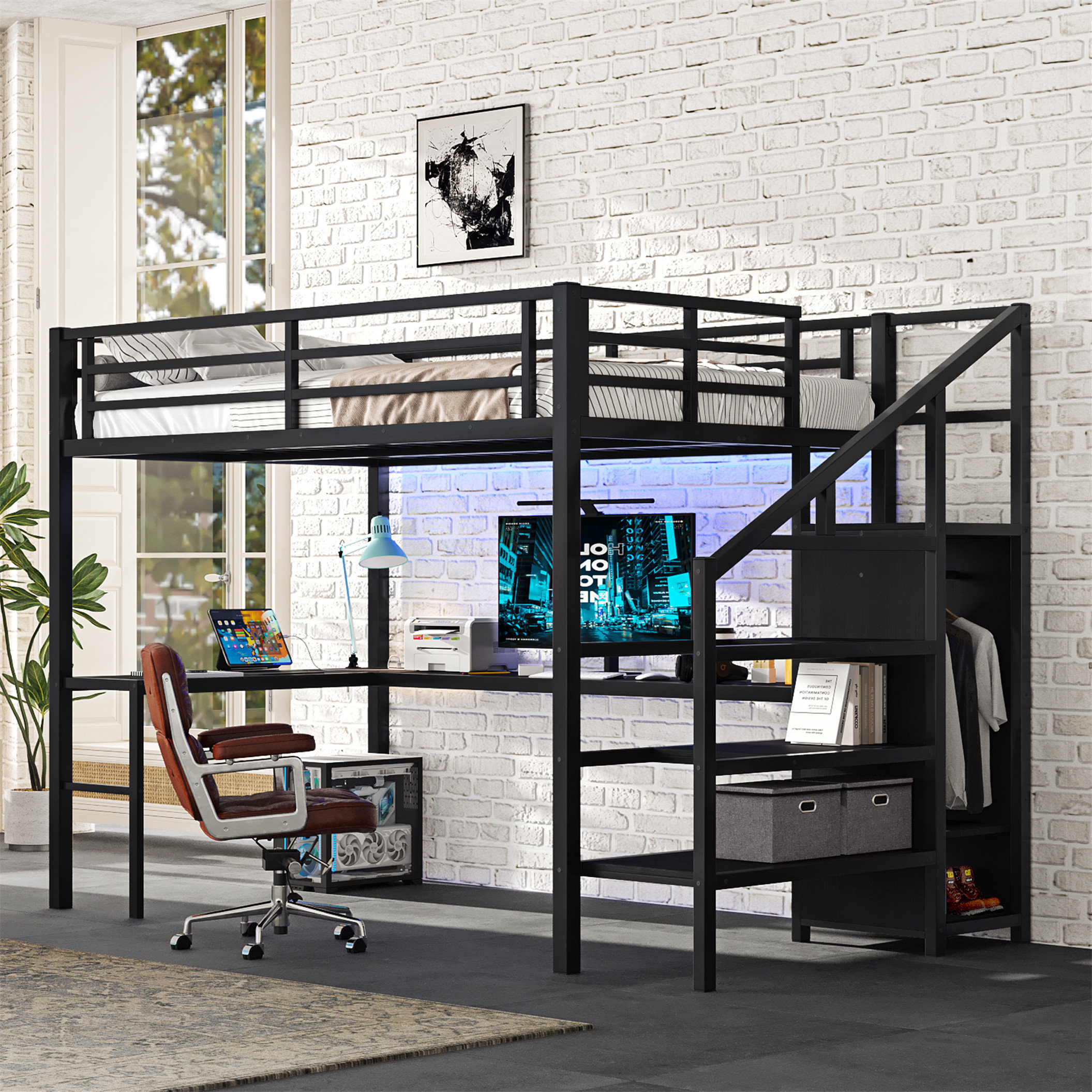 17 Stories Full Size Loft Bed with L-shaped Desk and USB, Metal Loft ...