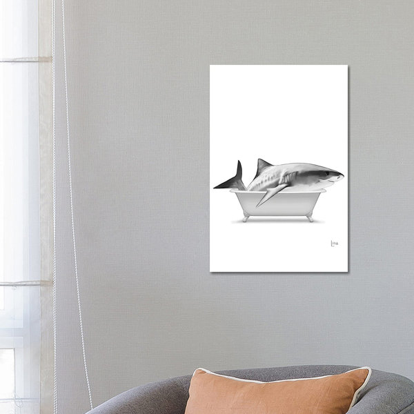 Happy Larry Shark in Bathtub Black and White - Wrapped Canvas Art ...