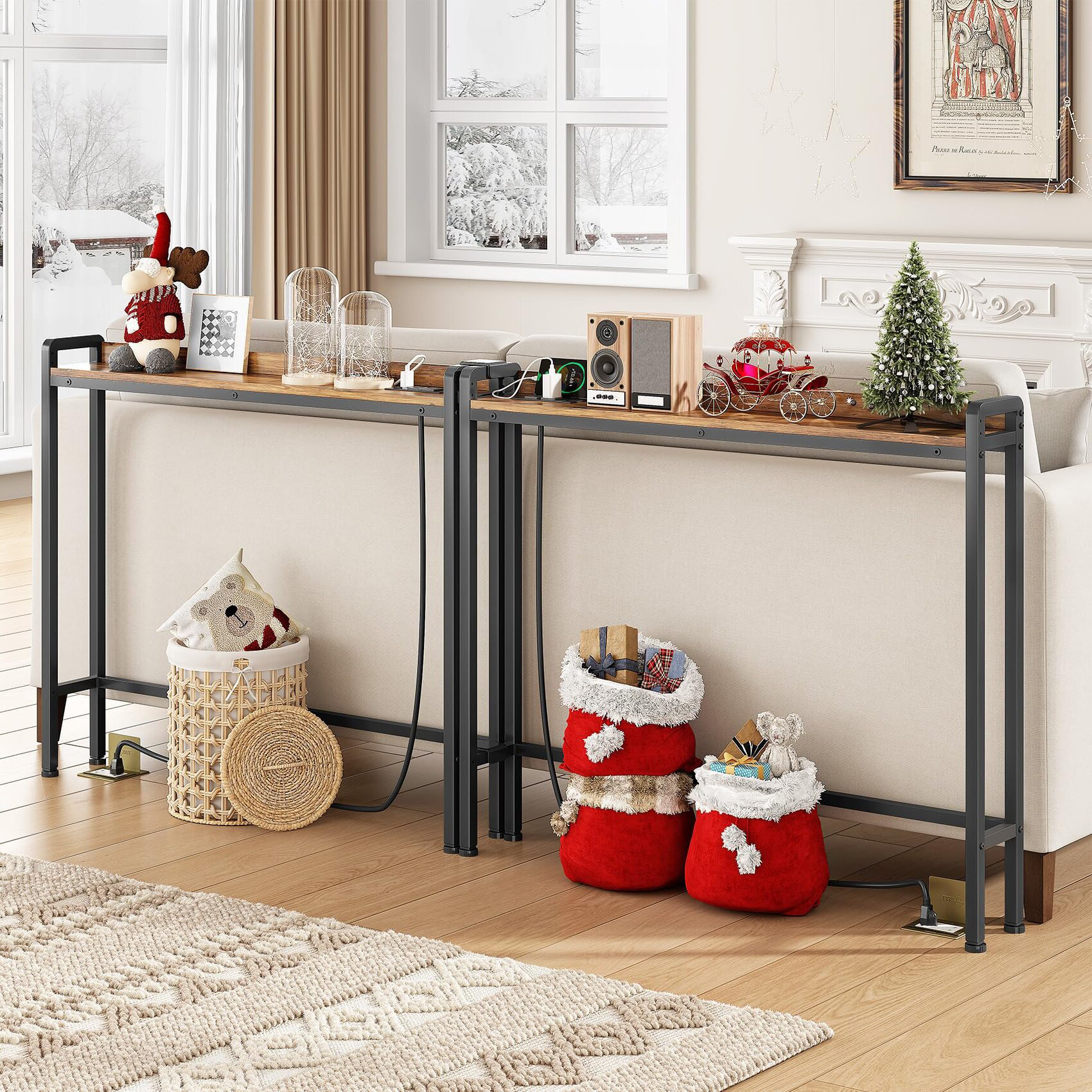 17 Stories Rustic Brown Narrow Console Table Behind Sofa Couch, Built ...