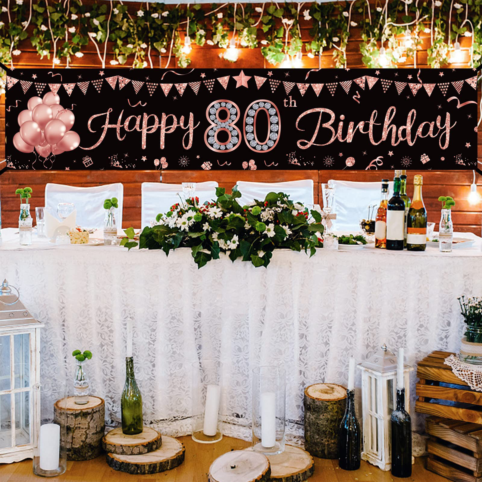 Zeki Shoggy Happy 80Th Birthday Banner Decorations For Women, Rose Gold ...