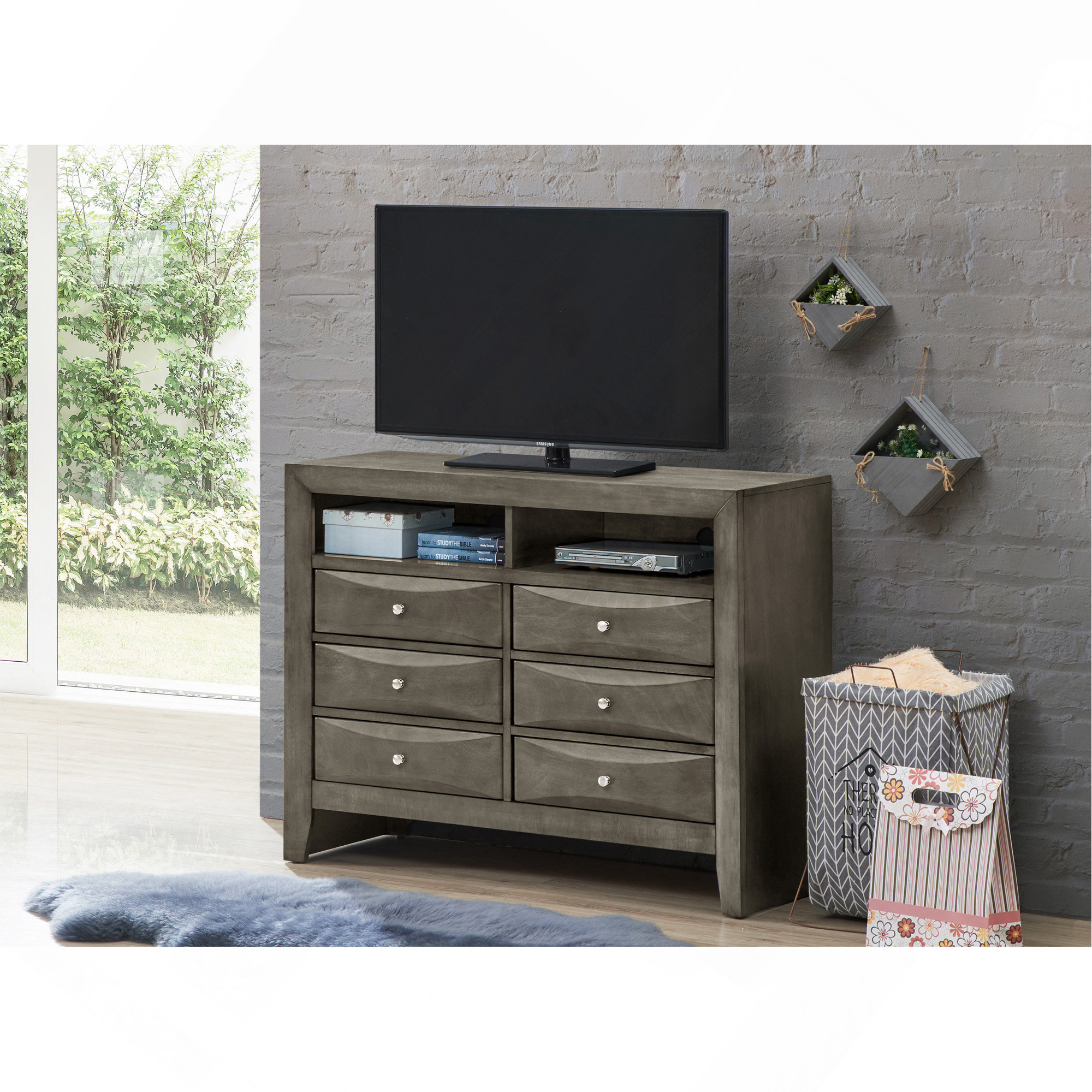 Hokku Designs Modern Grey Media Chest With Durable Resin Beveled ...
