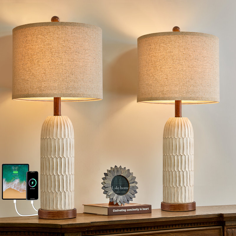 Wrought Studio™ 26.5"resin Farmhouse Table Lamp Set,usb Port,living ...