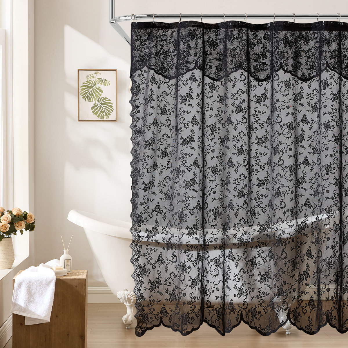 Charlton Home® Gancedo Lace Shower Curtain for Bathroom with Floral ...