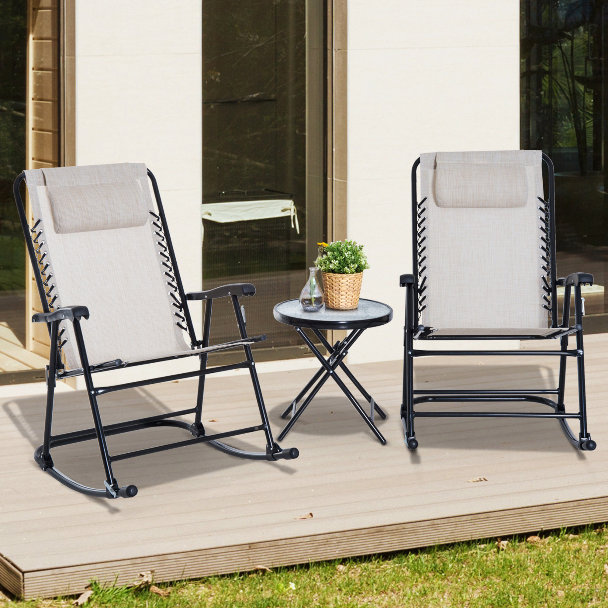Arlmont & Co. 3 Piece Outdoor Rocking Chair Set, Patio Folding Lawn ...