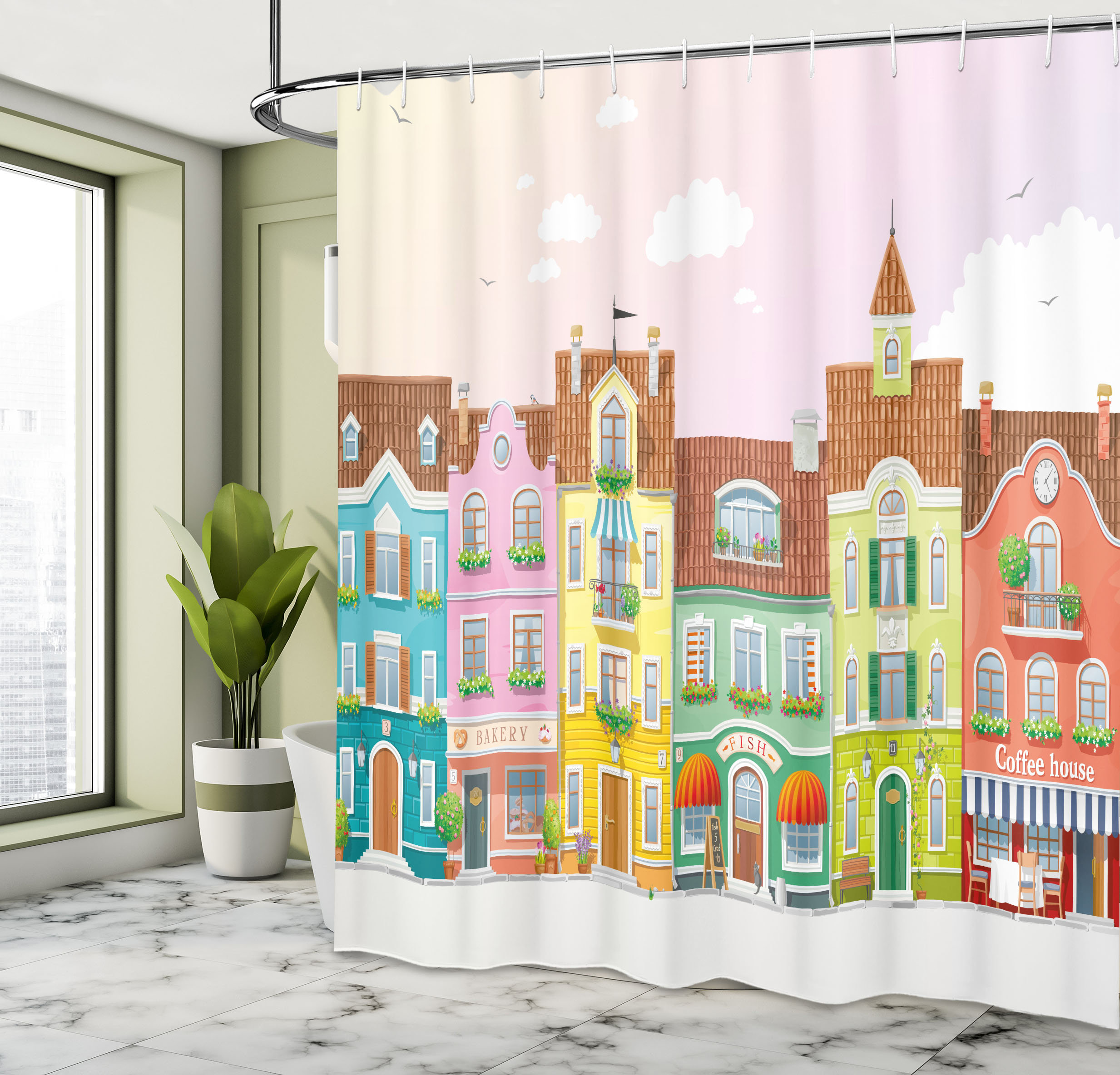 East Urban Home Vintage Shower Curtain Retro Houses Digital Multicolor | Wayfair