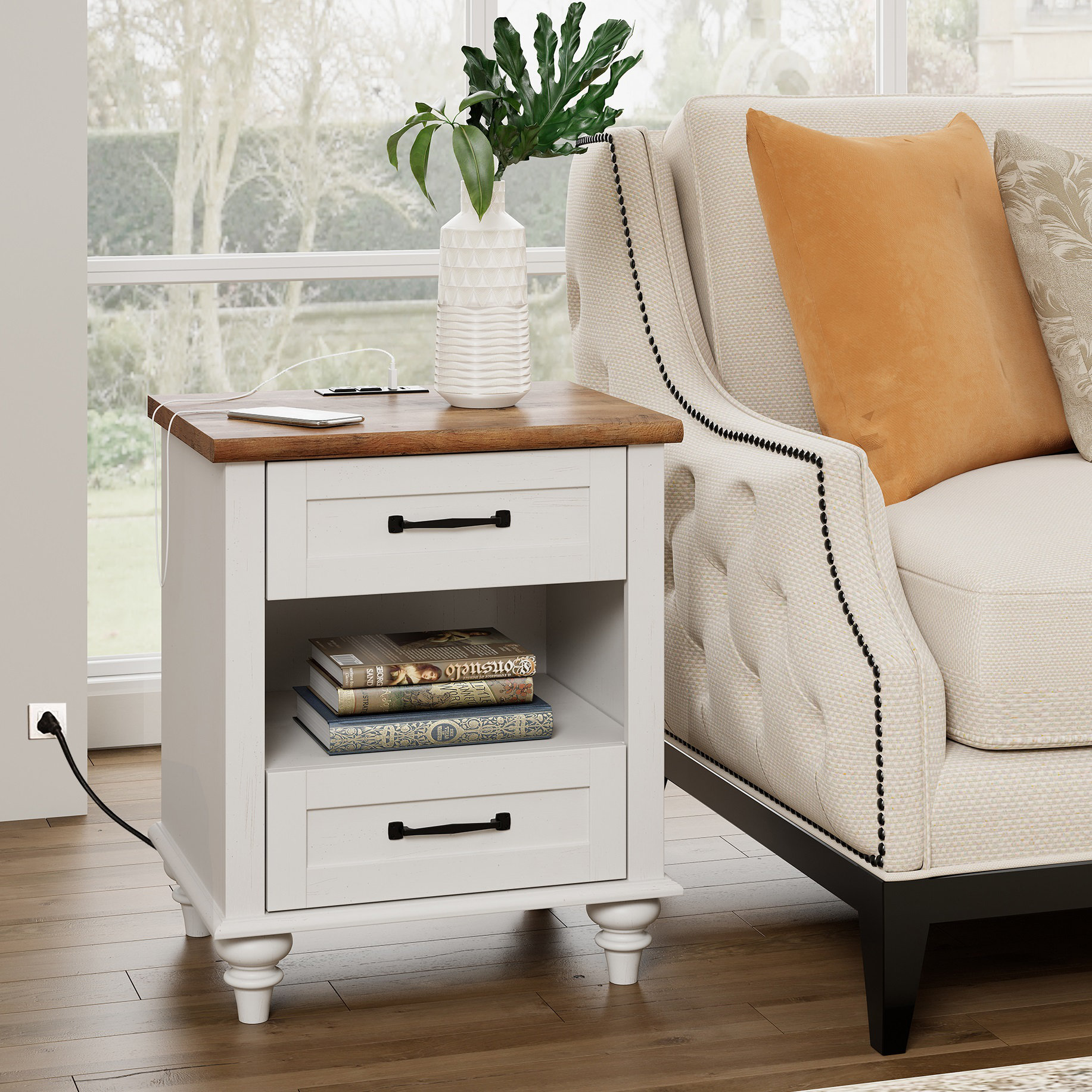 Fitueyes TAIHE WAMPAT White Nightstand Side Table With Two Drawers ...