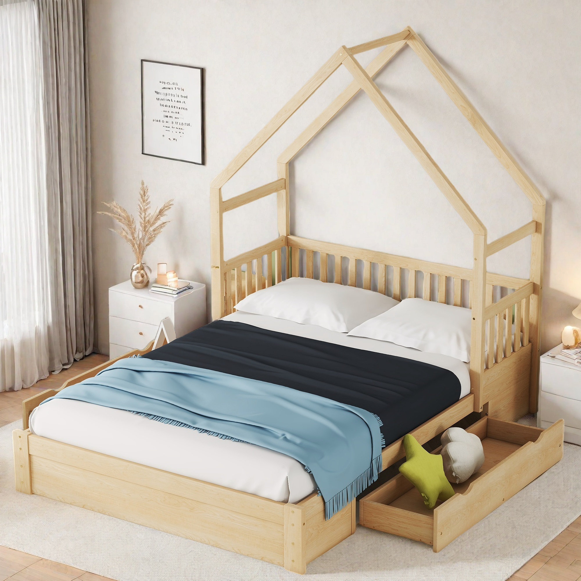 Lark Manor Lit plateforme en bois avec garde-corps et 2 tiroirs Wood House - Wayfair Canada