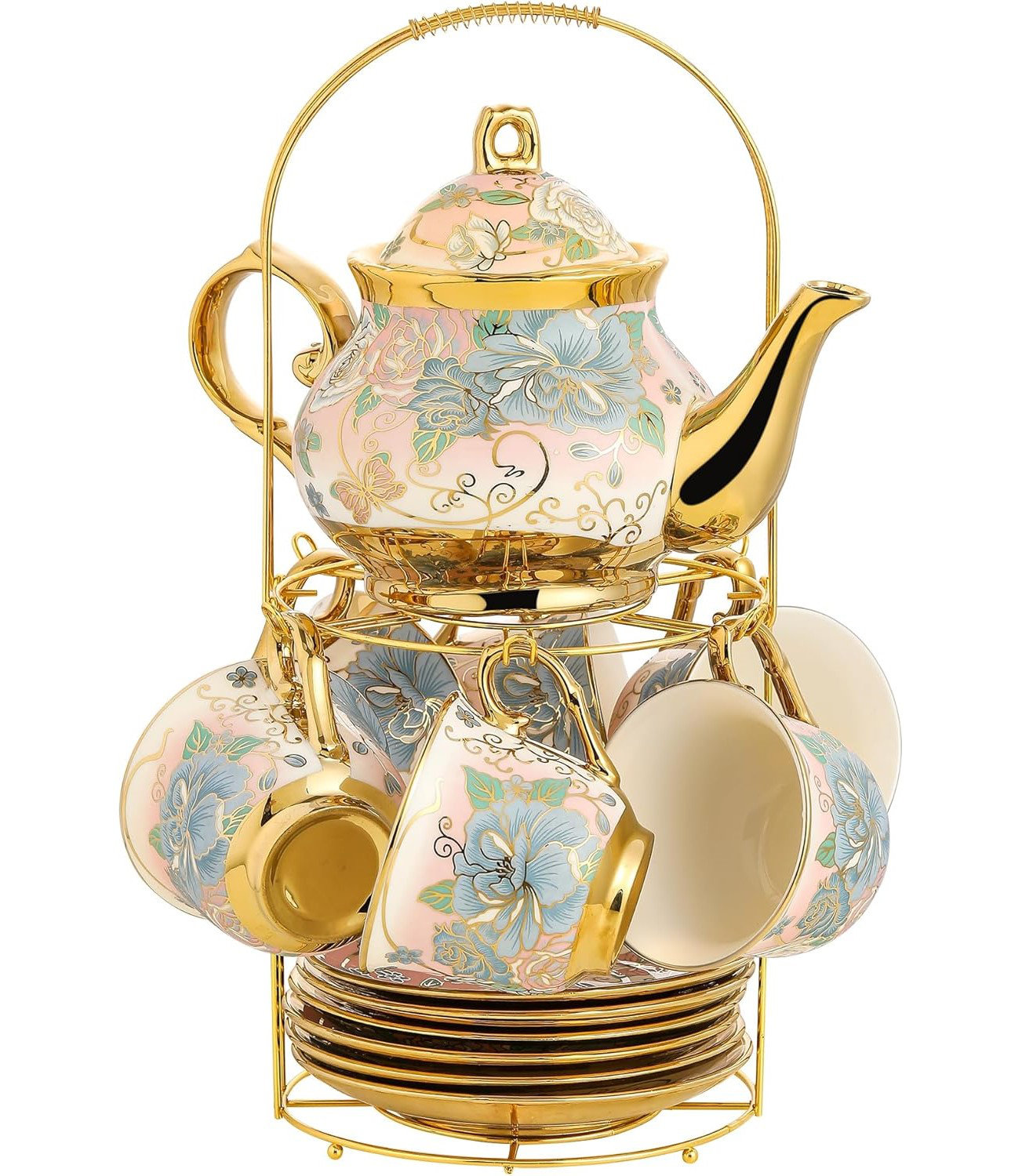 Rosdorf Park 20 Pieces Porcelain Tea Set With Metal Holder European ...