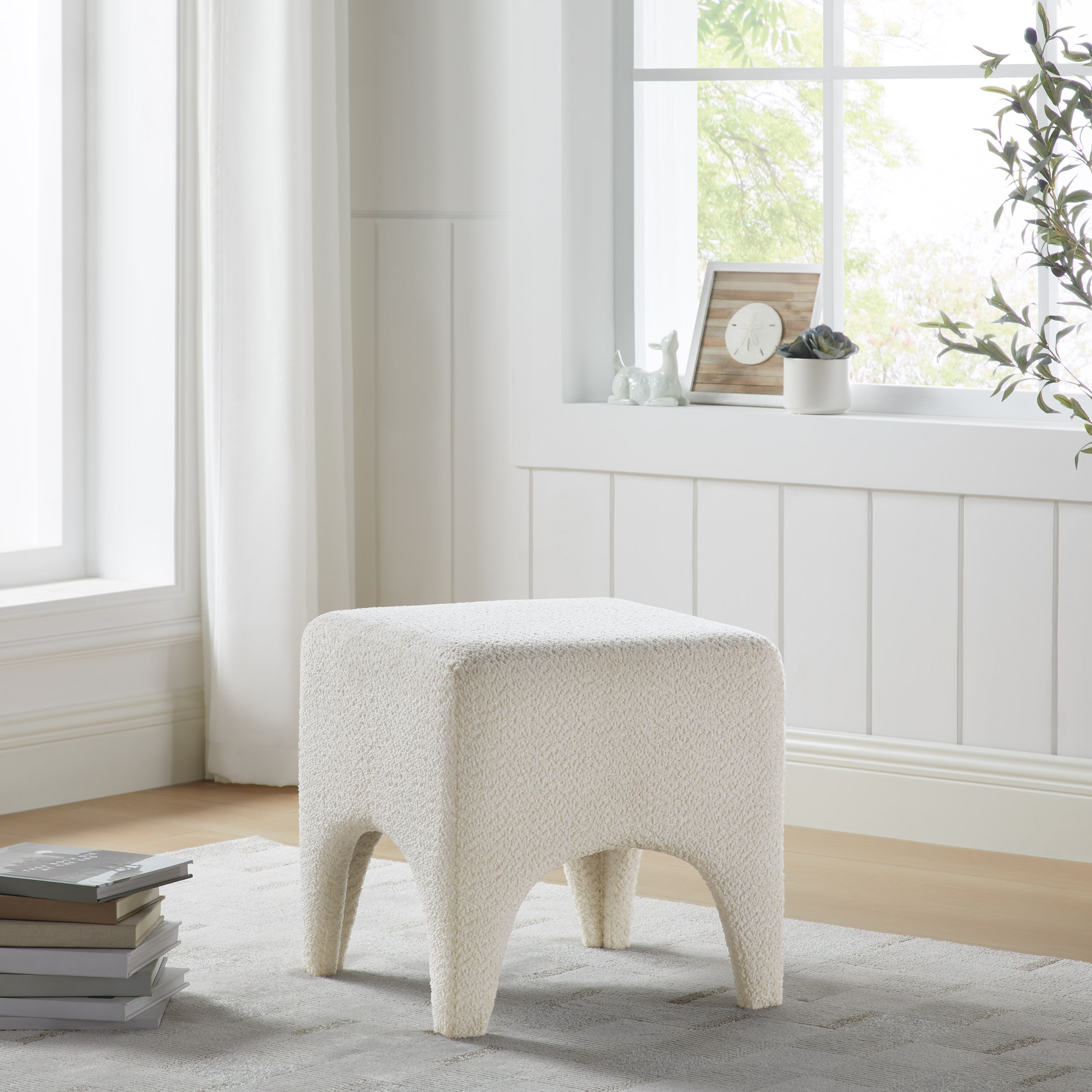 Ebern Designs Modern Boucle Upholstered Ottoman, Shoe Changing Stool ...