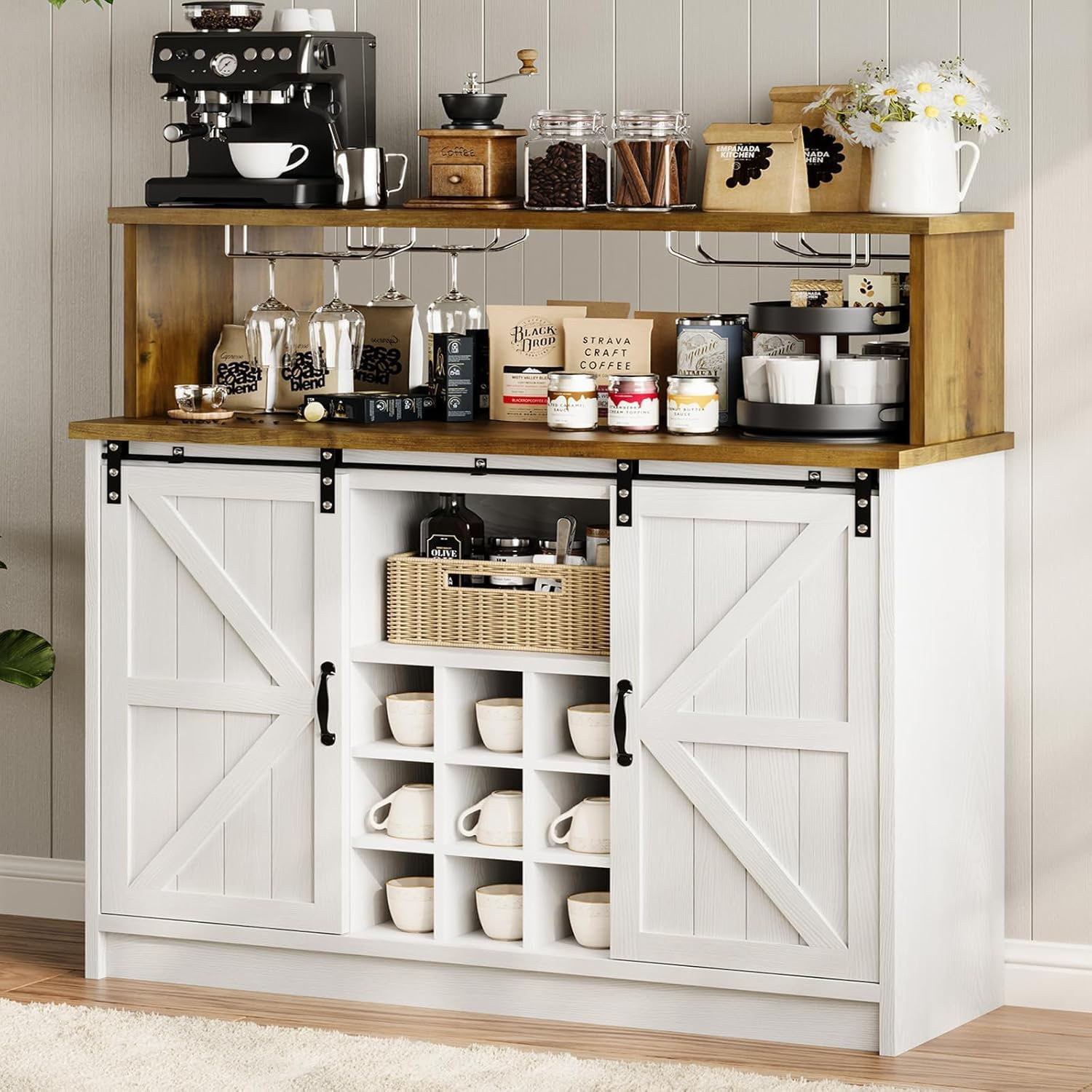 Gracie Oaks Farmhouse Coffee Bar Cabinet With Storage 47 Inch Coffee ...