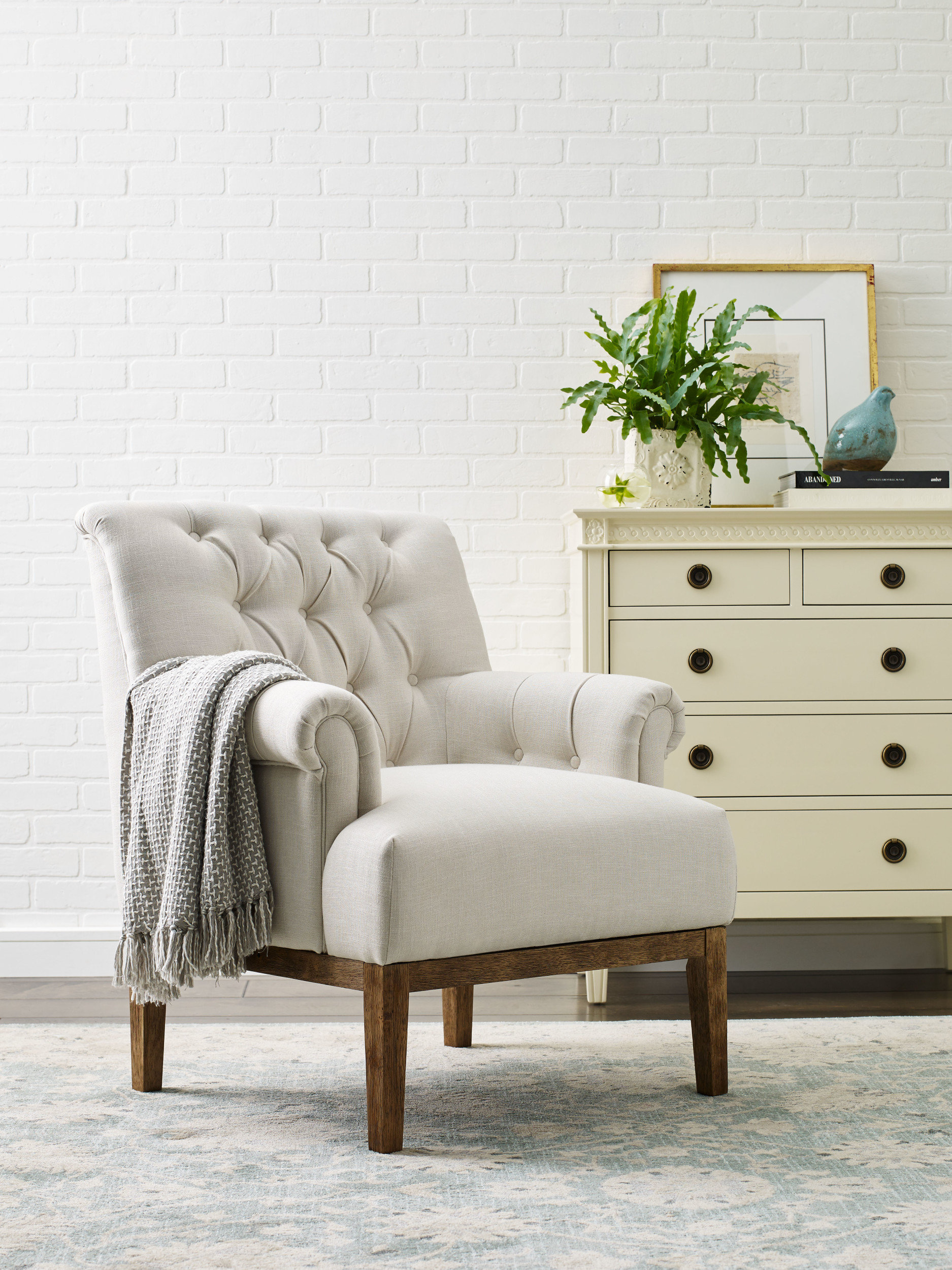 Finch Westport Upholstered Accent Arm Chair, Button Tufted, Solid Wood ...