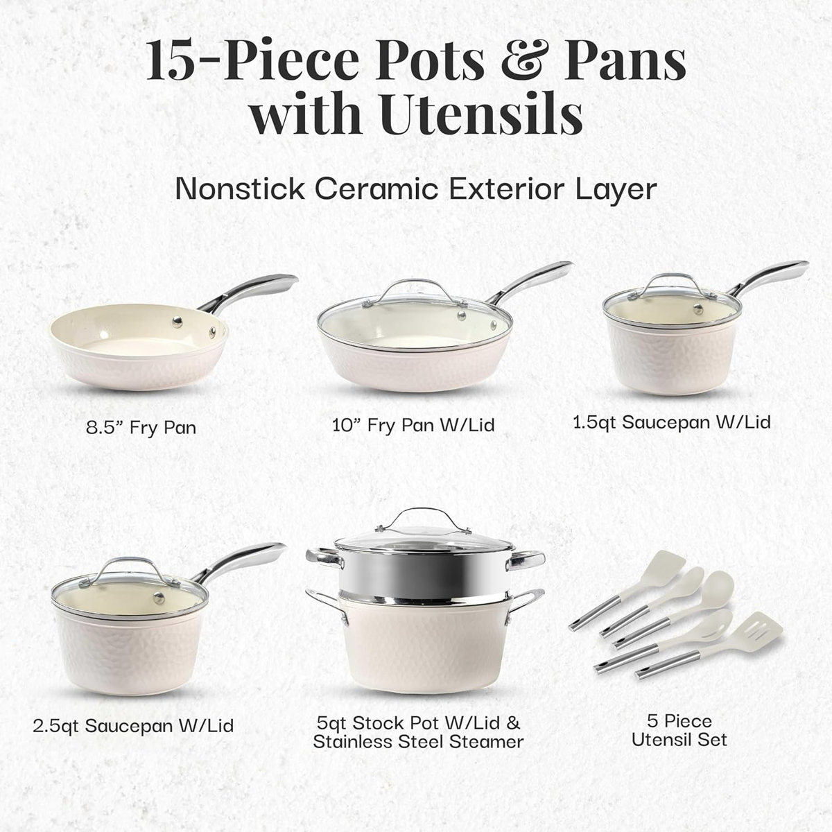 Gotham Steel Cream Hammered 15 Piece Nonstick Cookware Set with Cooking ...