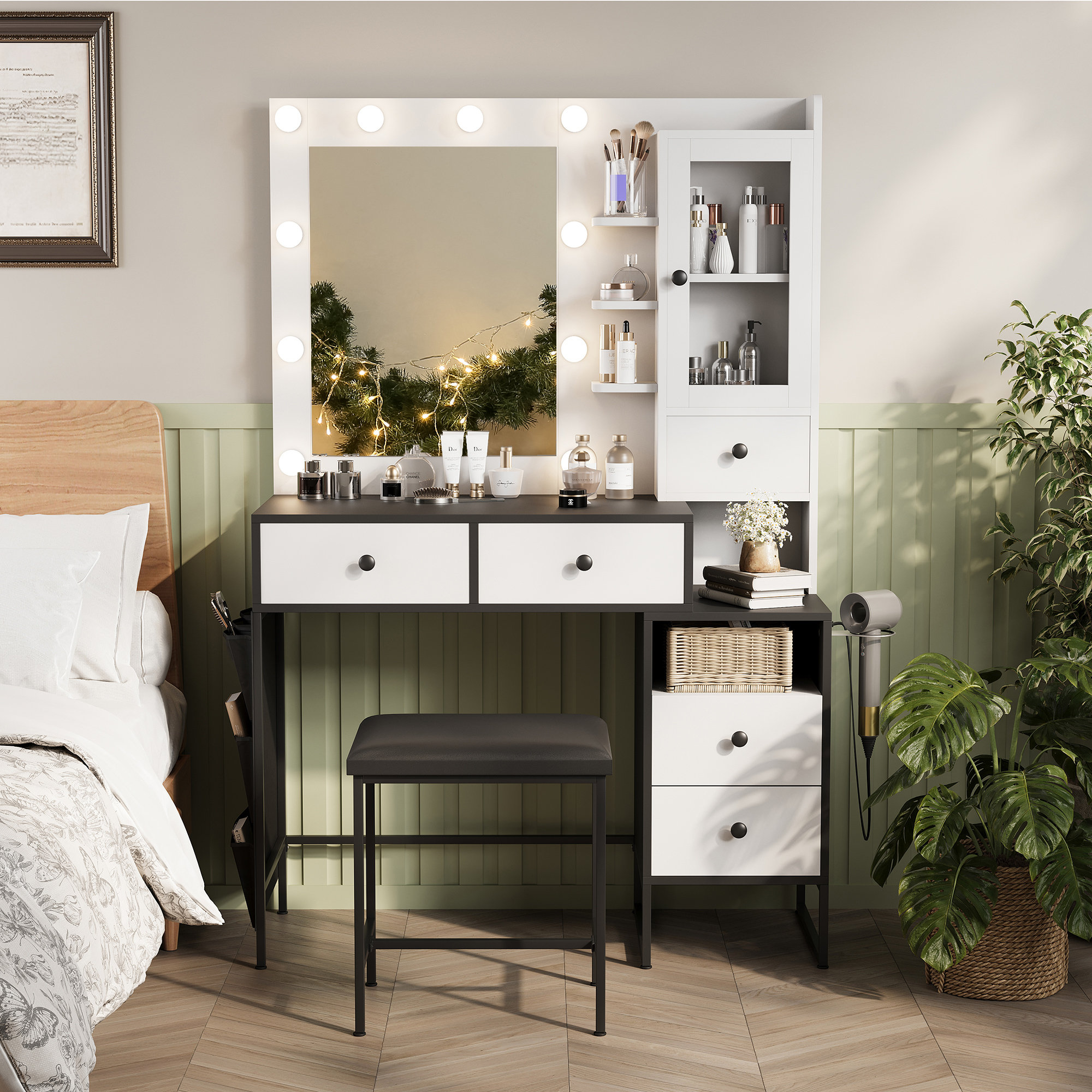 Latitude Run® Vanity Desk with LED Light, Big Mirror, 5 Drawers, USB ...