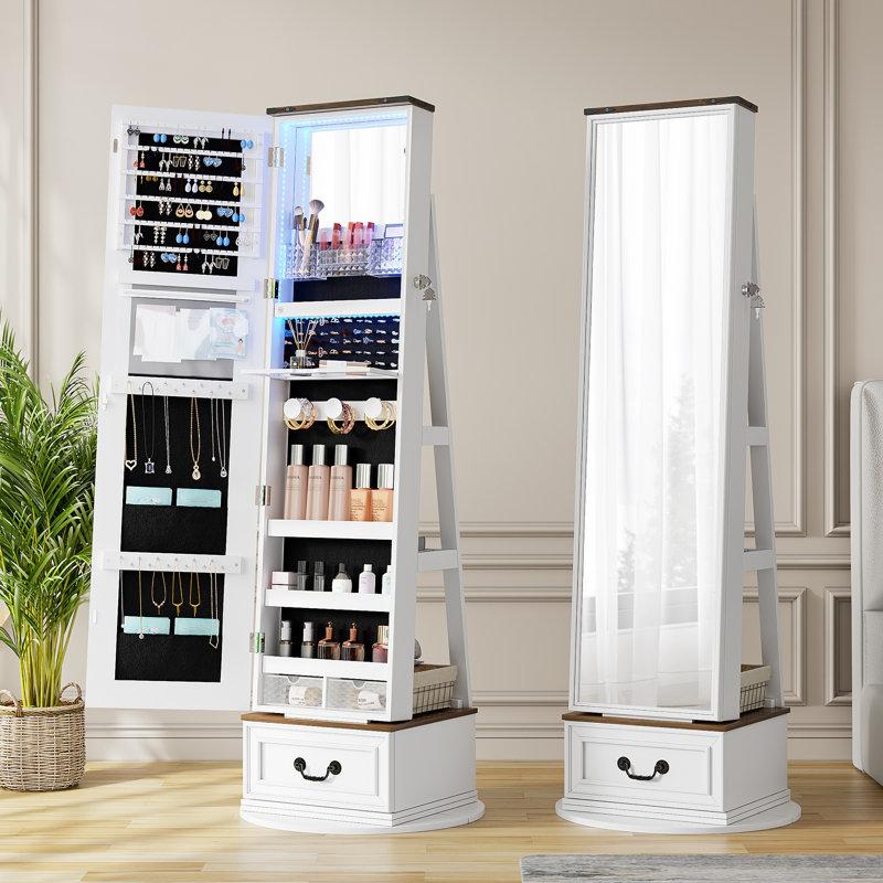 Alcott Hill® Jewelry Armoire Cabinet With Mirror, Led Lights, Rotating ...