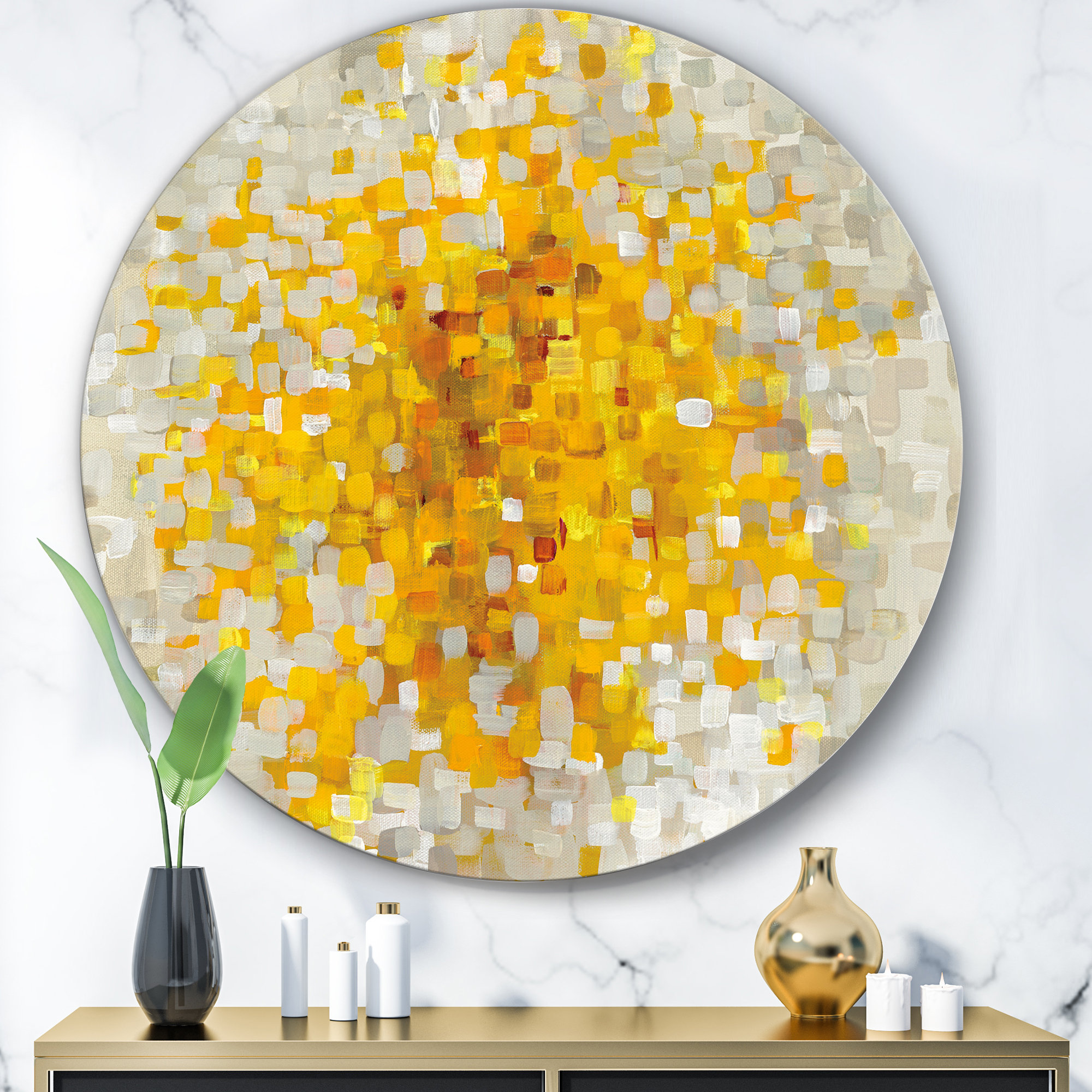 East Urban Home Glam Yellow Explosion Blocks round metal wall art | Wayfair