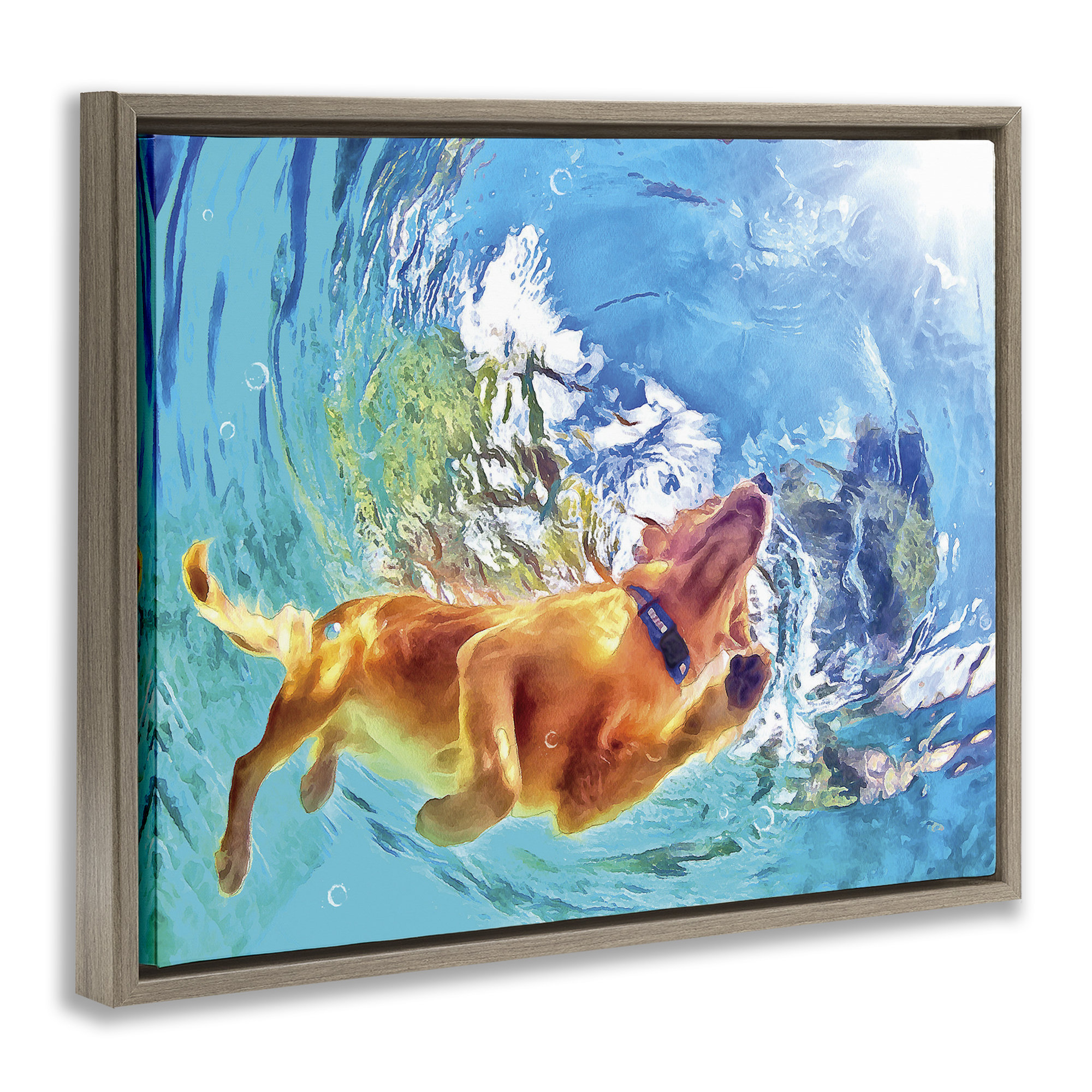Ebern Designs Underwater Swimming Dog Brown Framed Floater Canvas Wall ...