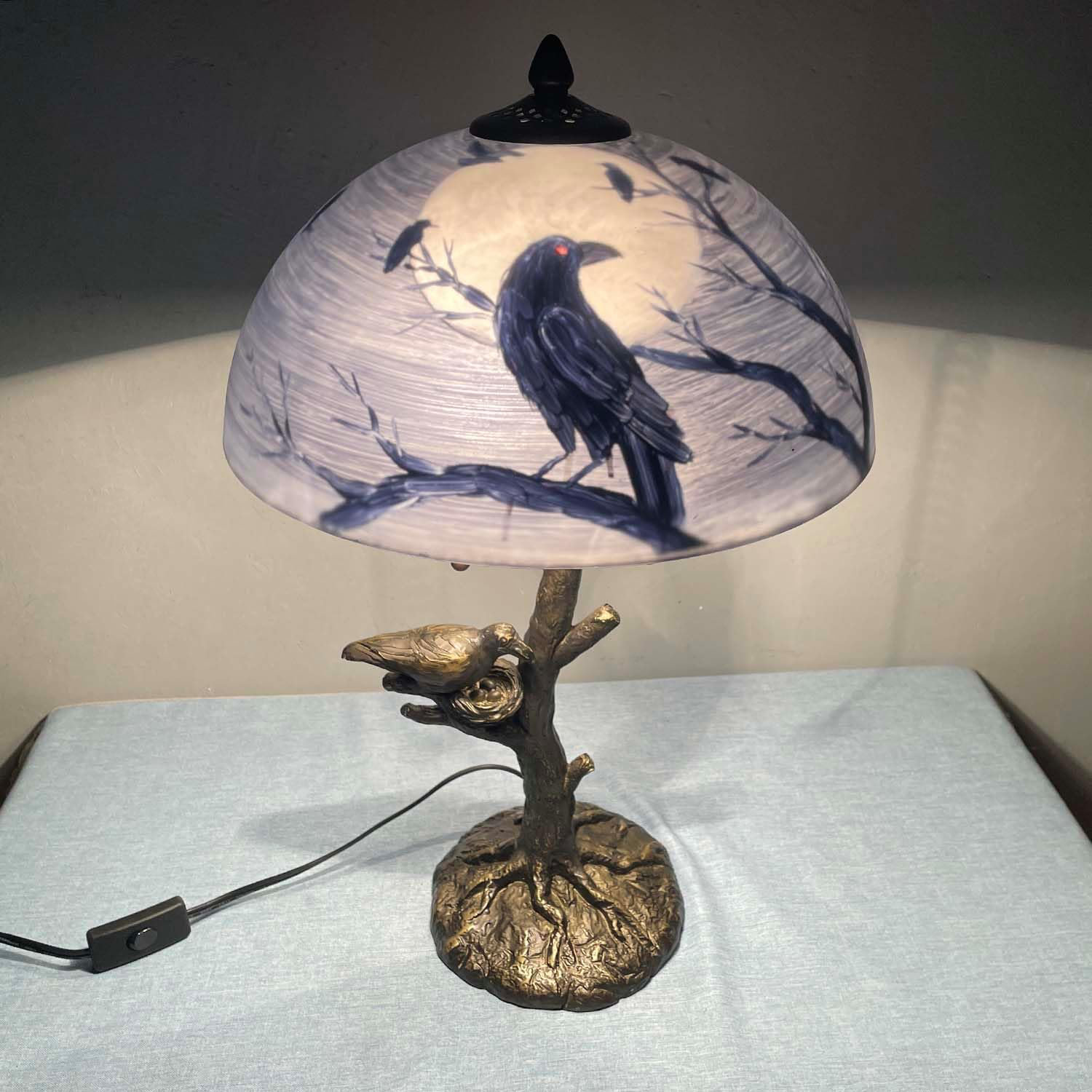 BEAUTY DEPOT Hand-Painted Halloween Glass Table Lamp, Spooky Ravens On ...