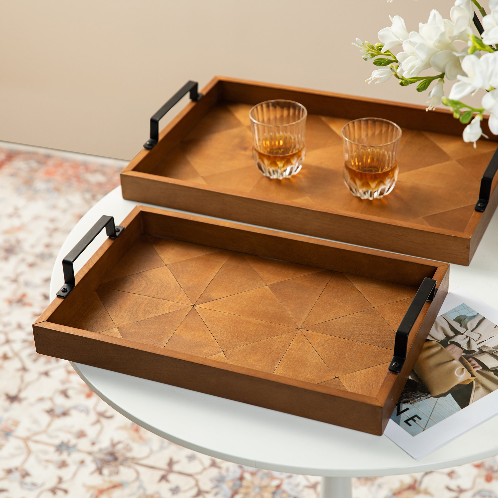 Lark Manor™ Rectangle Wooden Geometric Trays With Metal Handles ...