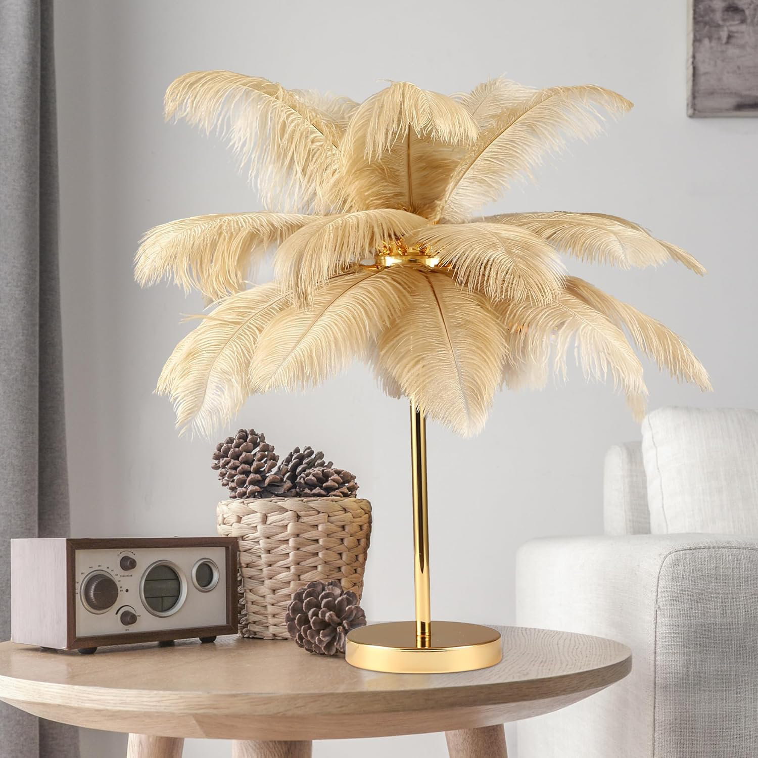 Everly Quinn Modern Ostrich Feather Table Lamp With Dimmable LED Lights ...