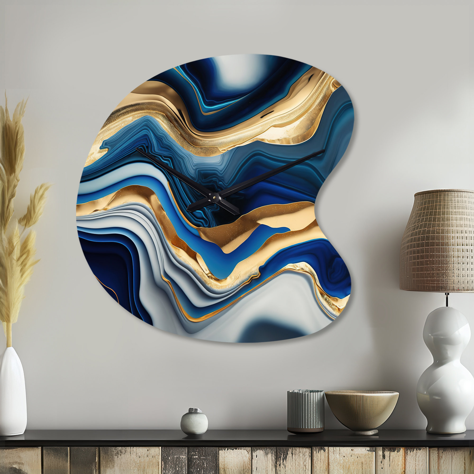 Design Art Vibrant Blue And Gold Agate II - Drop Shape Large Blue Wall ...