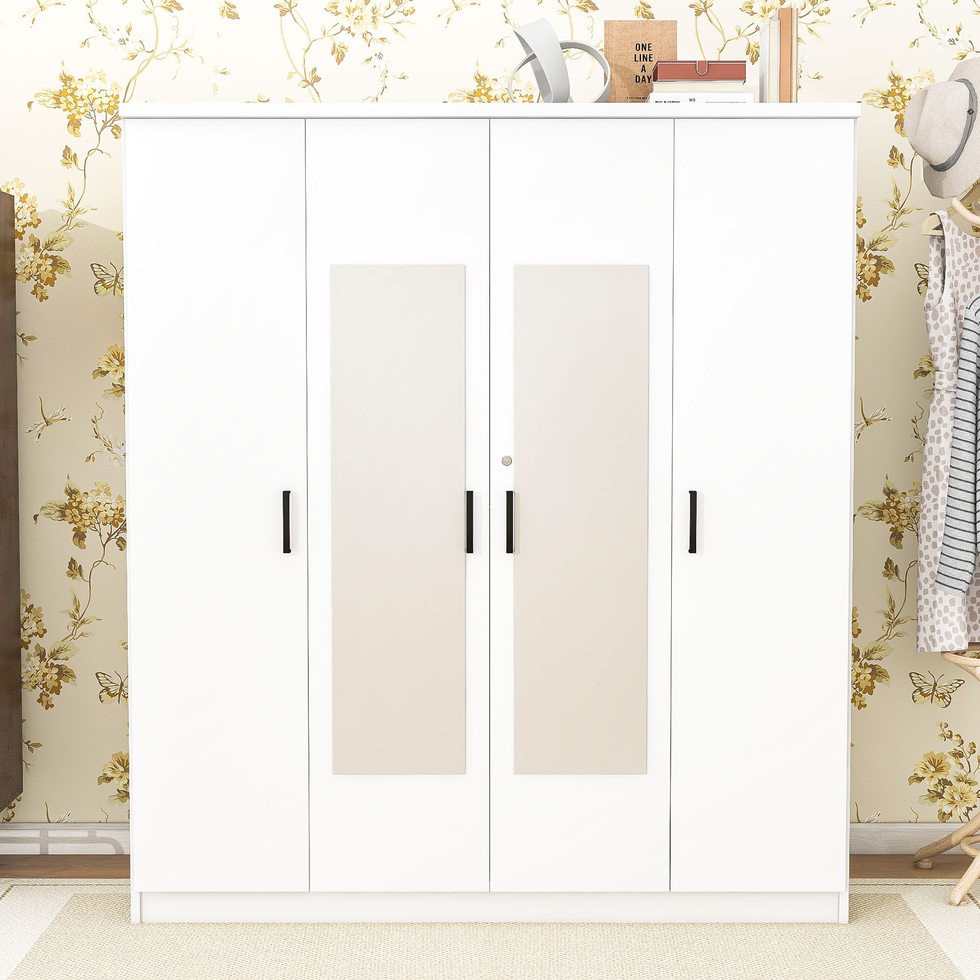 Ebern Designs Elegant 4-Door Armoire Wardrobe with Lockable Drawer and ...