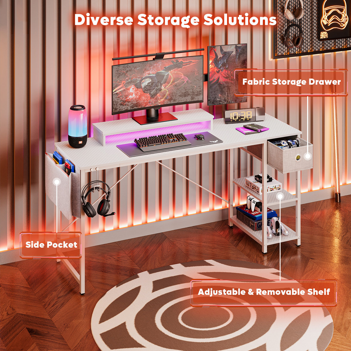 Wrought Studio™ 61 Inch Gaming Desk with LED Lights Desk with Monitor ...