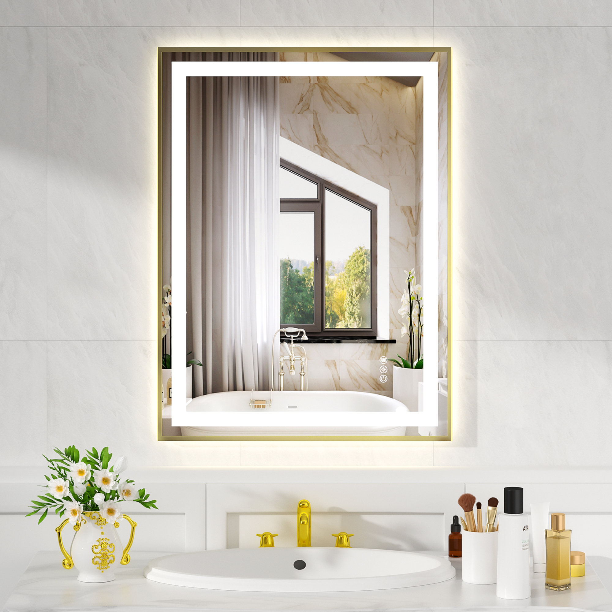 Ivy Bronx Dual Led Light Strips Glass Gold Mirror Modern Bathrooms ...