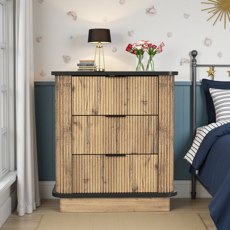 Latitude Run® 3-Drawer MDF Nightstand,Black & Natural Storage Cabinet ...