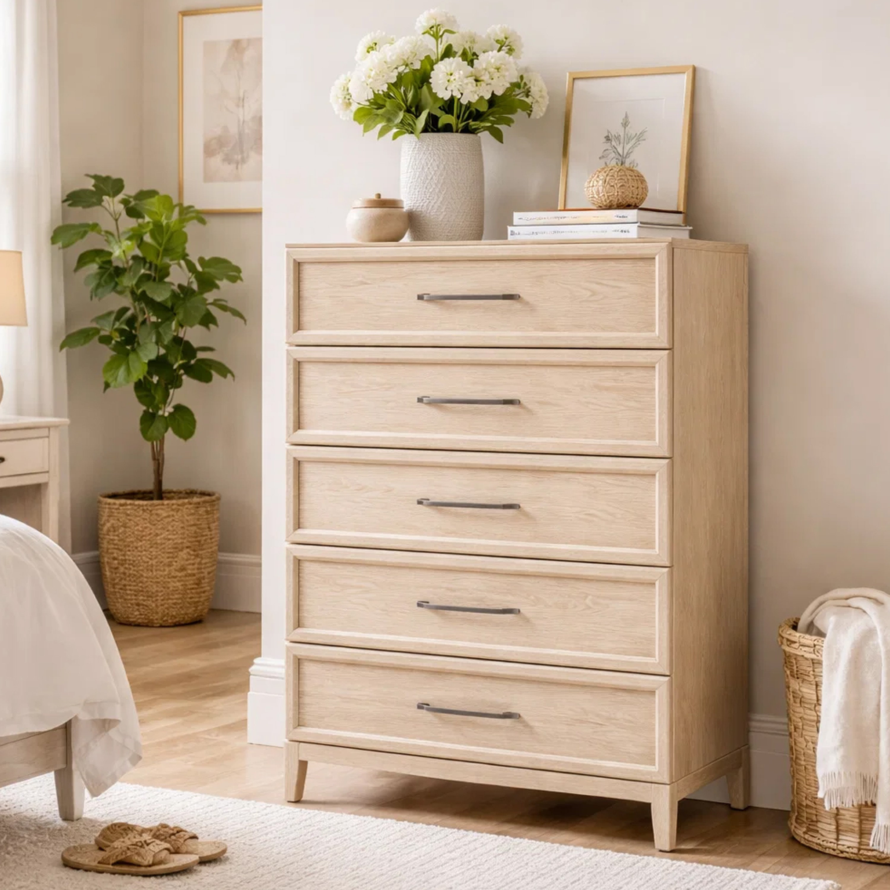 Benjara Ary Tall Dresser Chest, 5 Drawers, Black Bar Pulls, Light Brown ...