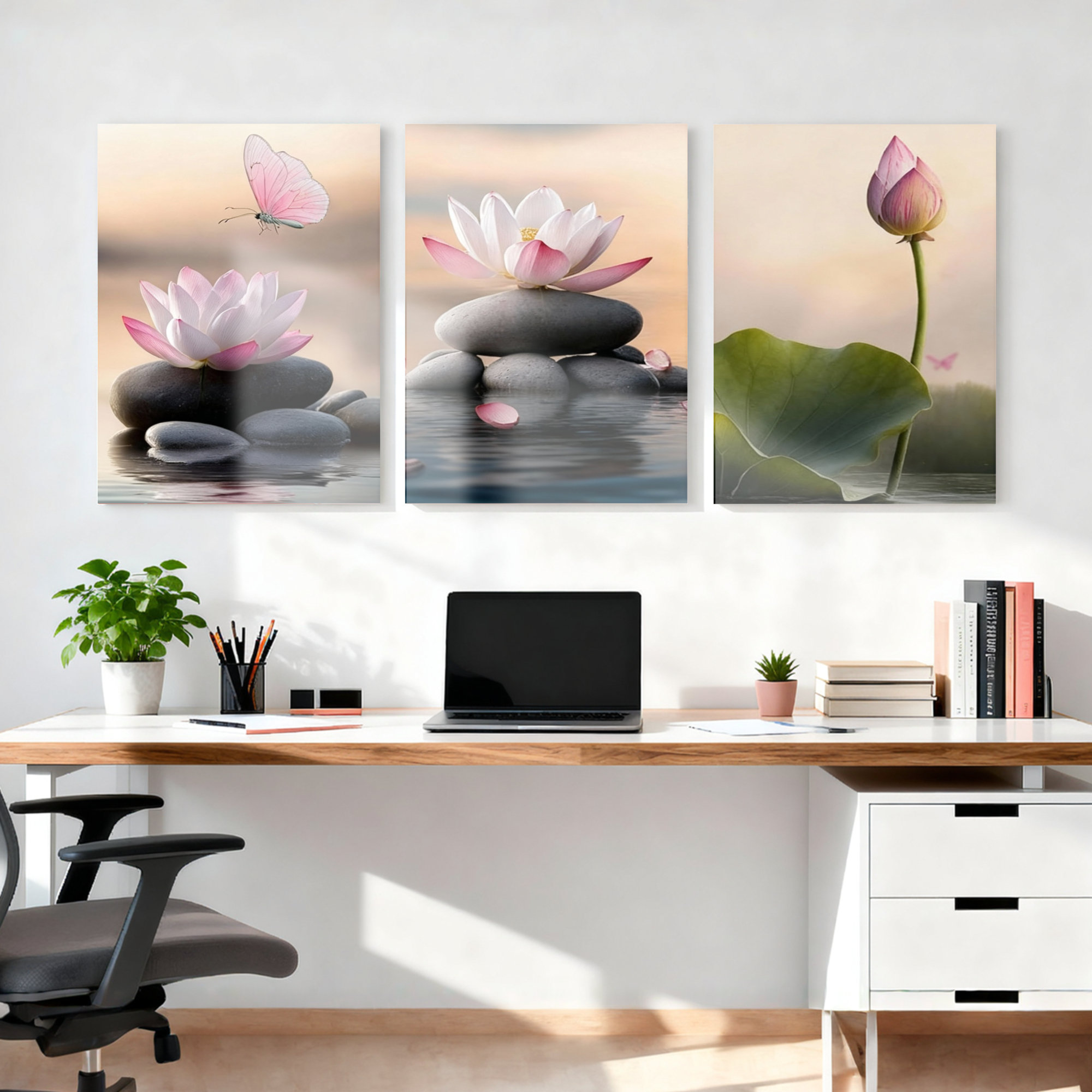 IUSU Lotus Flower and Zen Stones Canvas Wrapped Wall Art, Oil Painting ...
