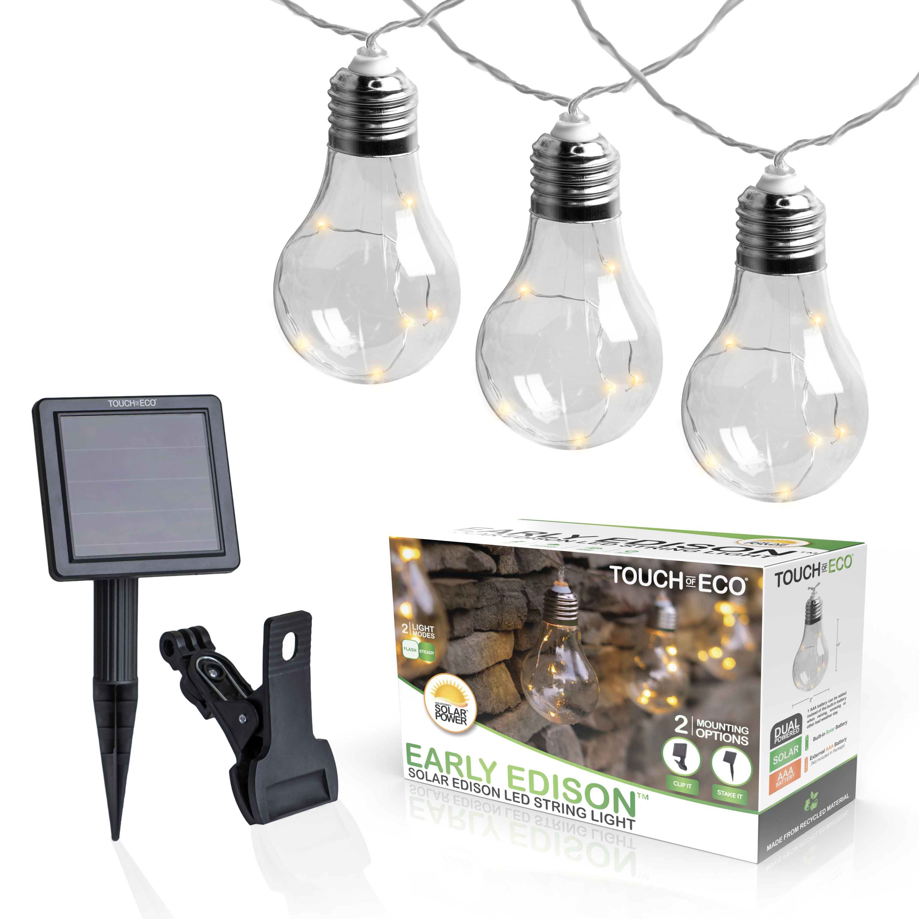 Touch of ECO Early Edison 20' Outdoor Led Solar Powered 10 Bulb String ...