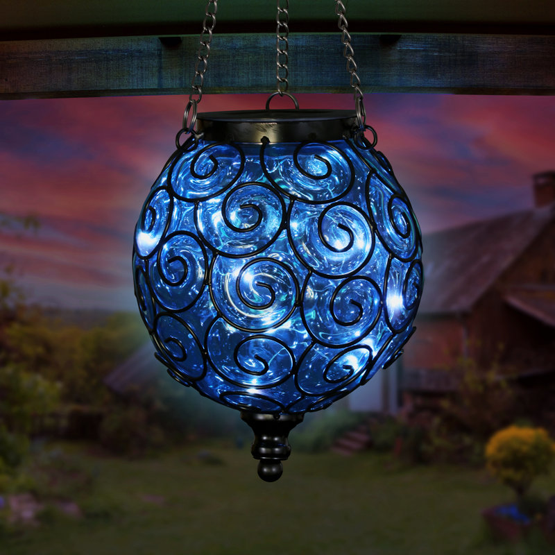 Exhart Solar Round Glass and Metal Hanging Lantern with 15 Cool White ...