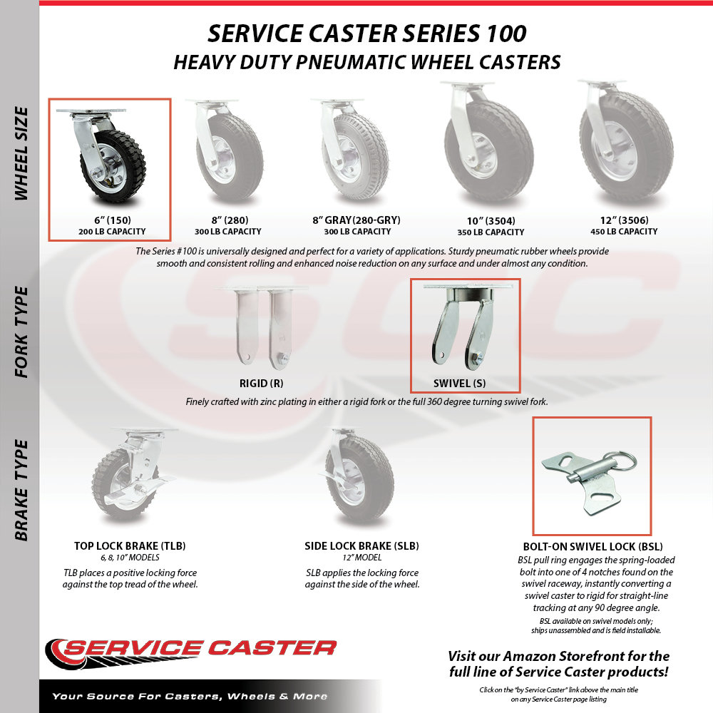 Service Caster Pneumatic Wheel Set 2 Swivel with Swivel Locks and 2 ...