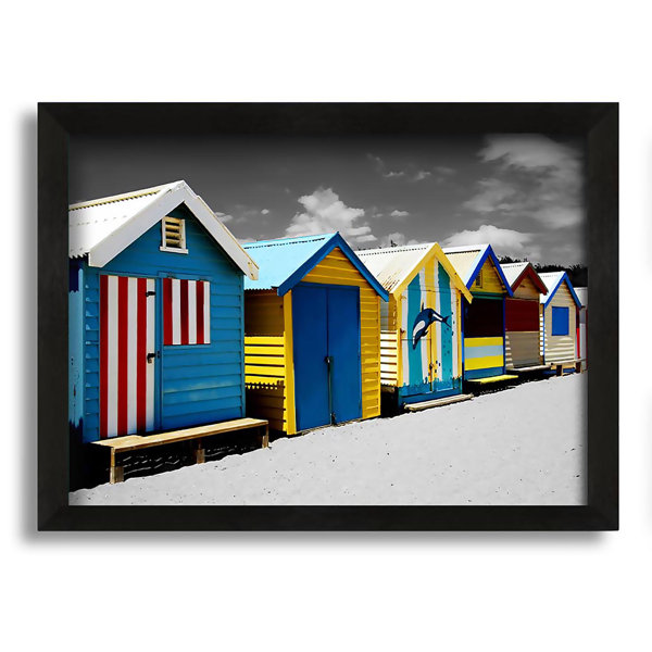 Highland Dunes Colourful Beach Huts On B N W - Picture Frame Photograph ...