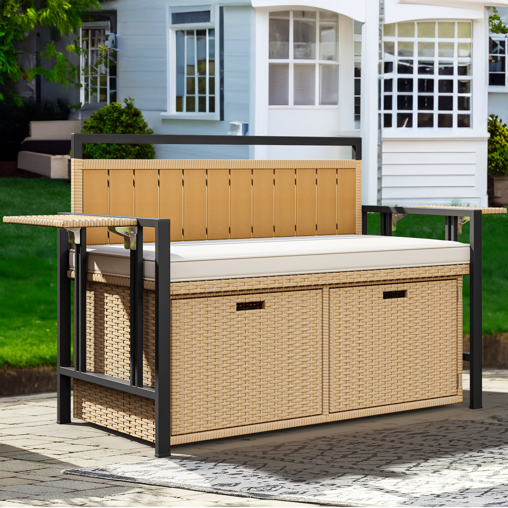 Edrosie Inc 70 Gallons Wicker Water Resistant Storage Bench with ...