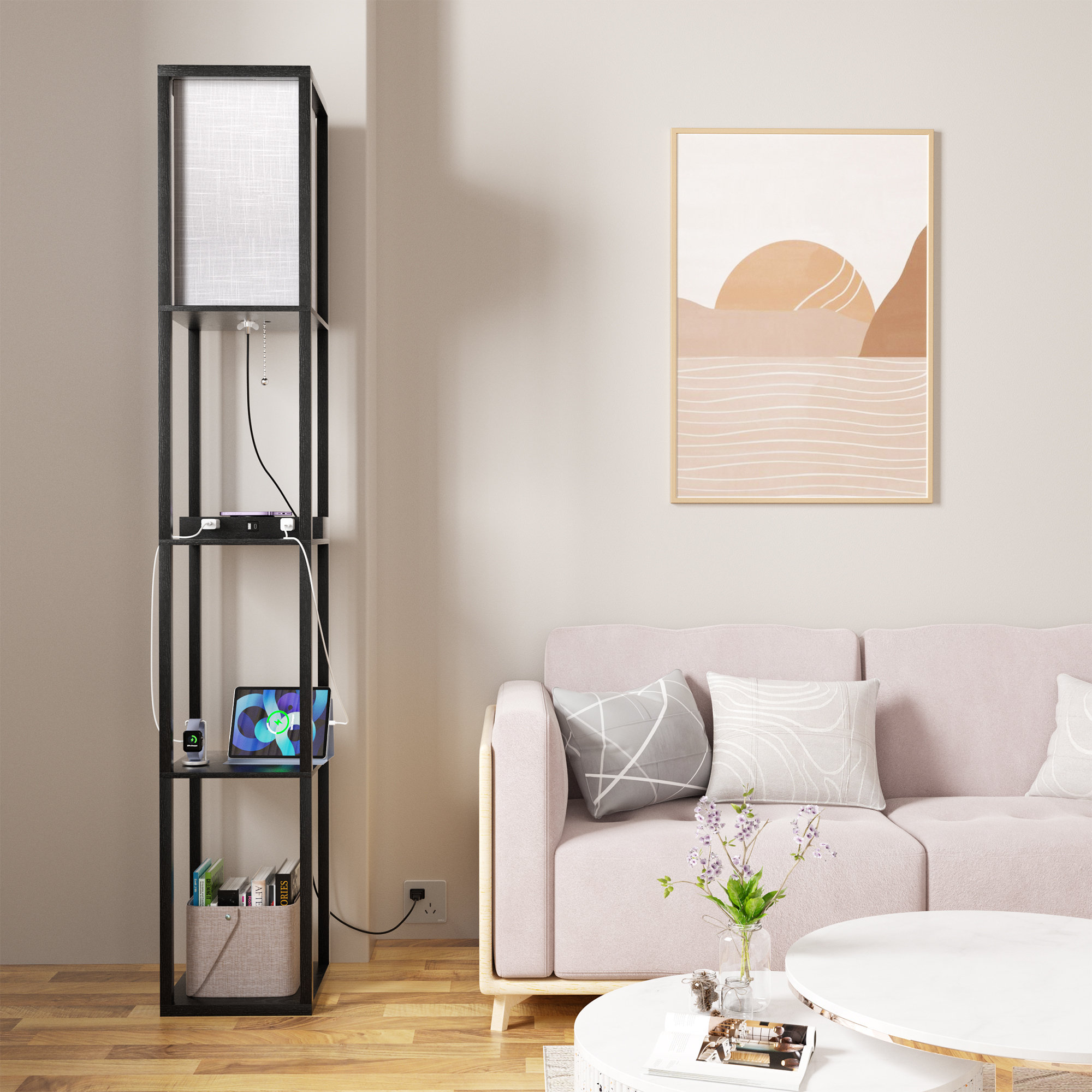 AVV Lampe sur pied 64,1 po avec tablettes, recharge sans fil, ports USB ...