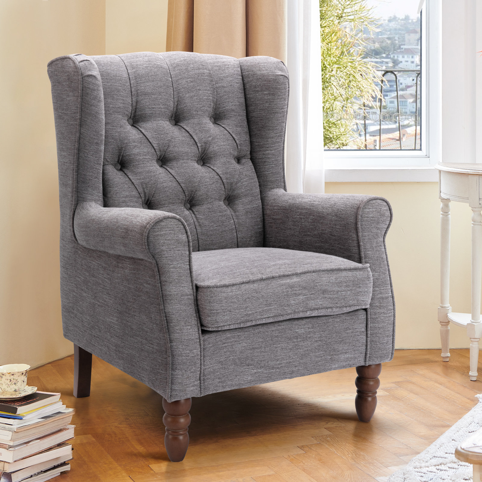 Mercer41 Button-Tufted Small Wingback Accent Chair with Rolled Arm and ...
