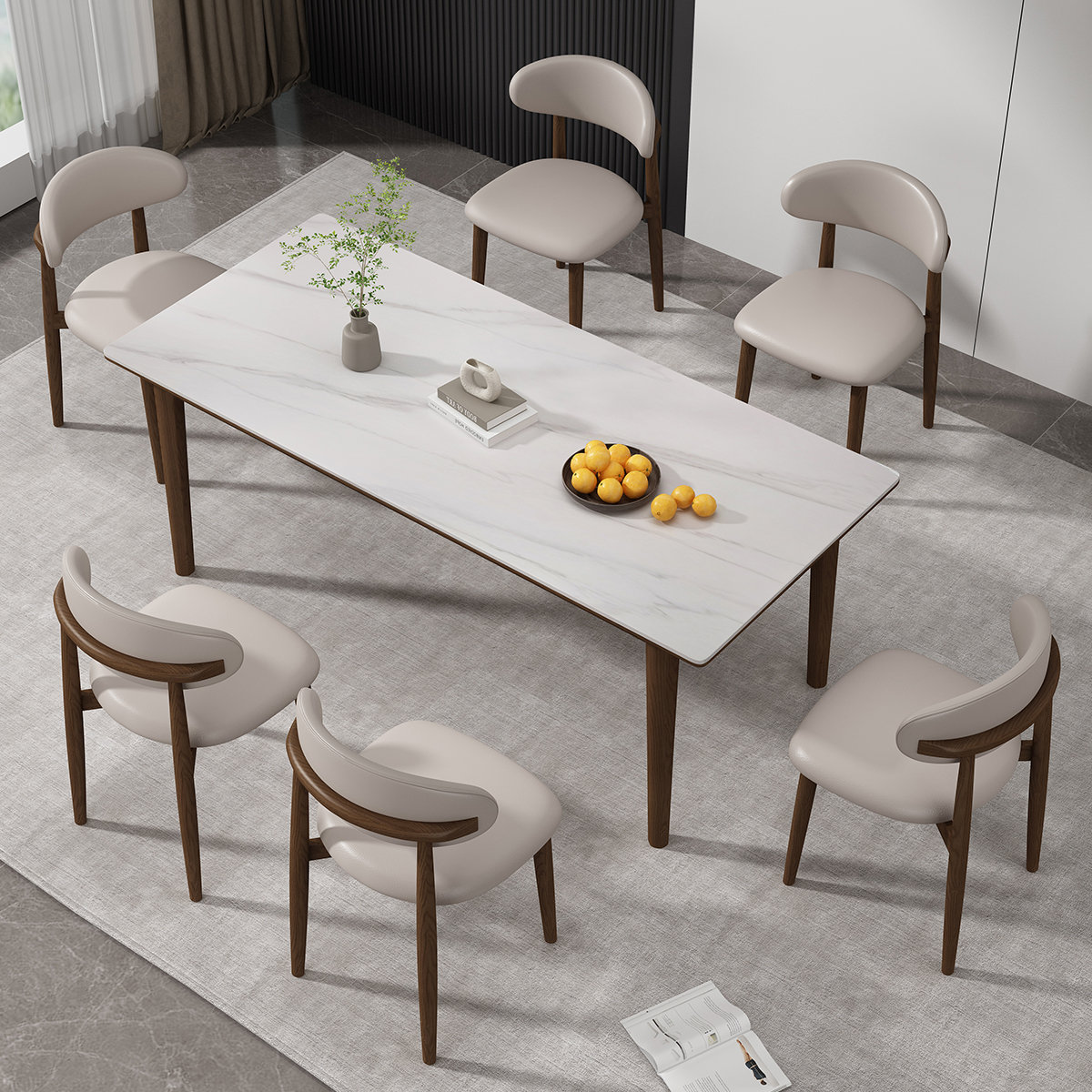 Flexy Infotech 7 Pieces White Sintered Stone tabletop + Ash wood Legs ...