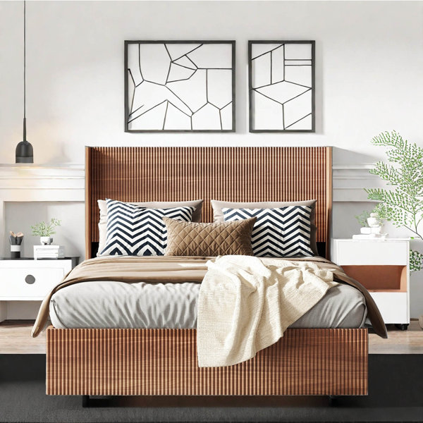 Hayiodda Rustic Queen Size Bed Frame With Grooved Grain Design, Queen ...